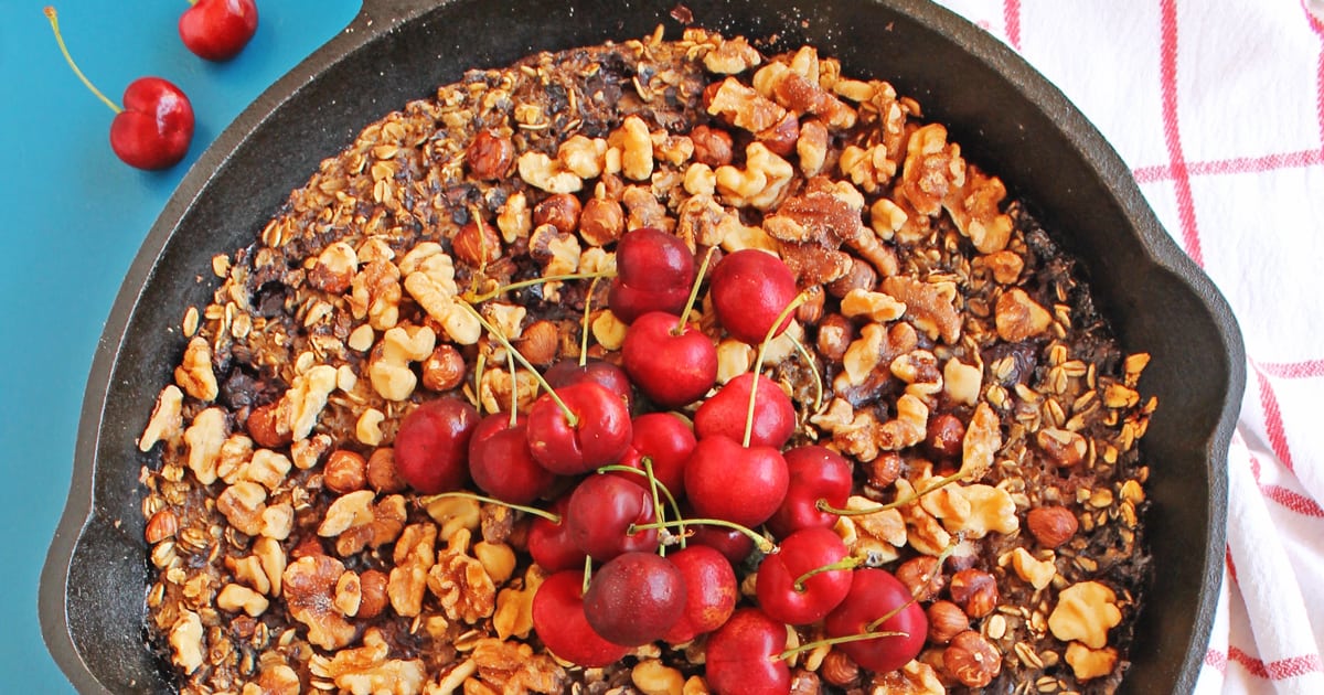 Healthy baked cherry oatmeal with nutty topping - Rhubarbarians