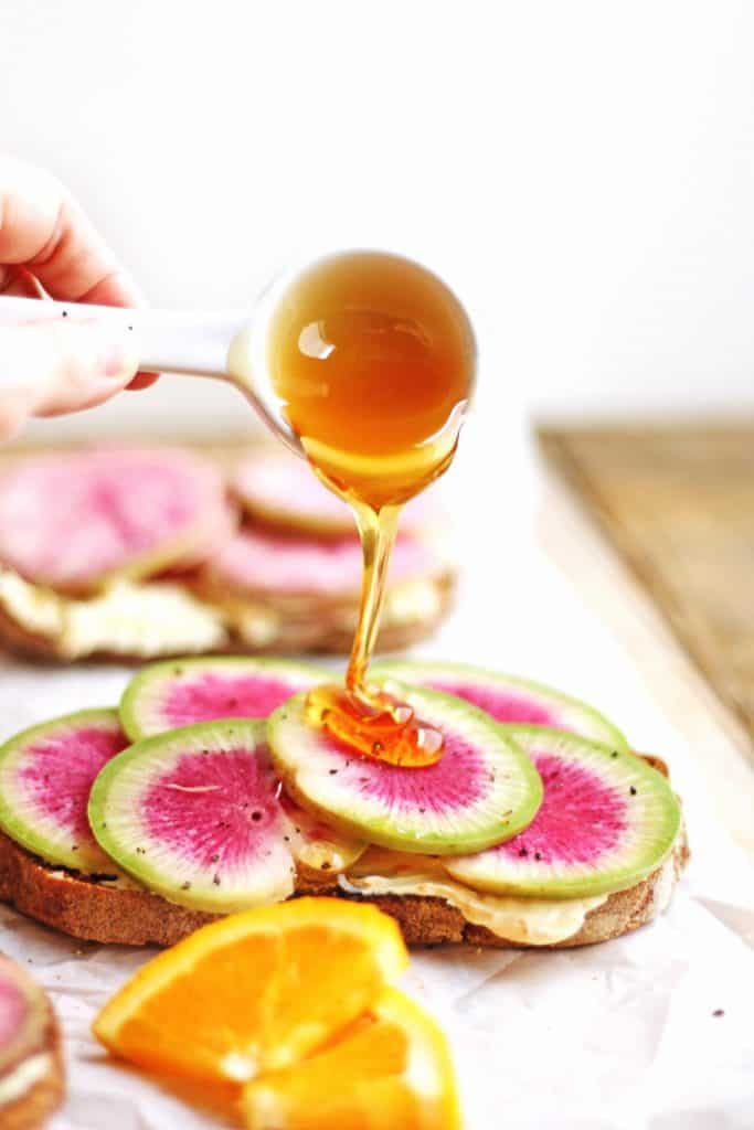 Watermelon radish toast with orange mascarpone and honey - Rhubarbarians