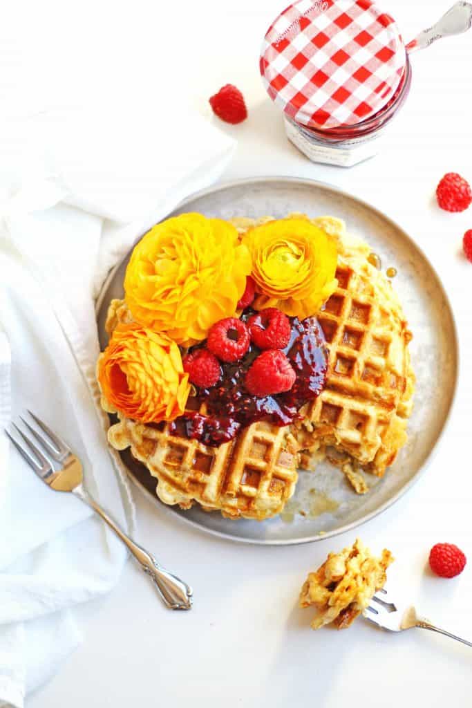 Cheesy green chile cornbread waffles with raspberry preserves ...