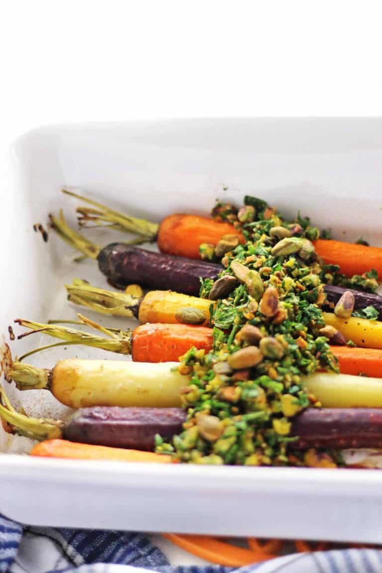 Oven roasted rainbow carrots with pistachio herb relish - Rhubarbarians