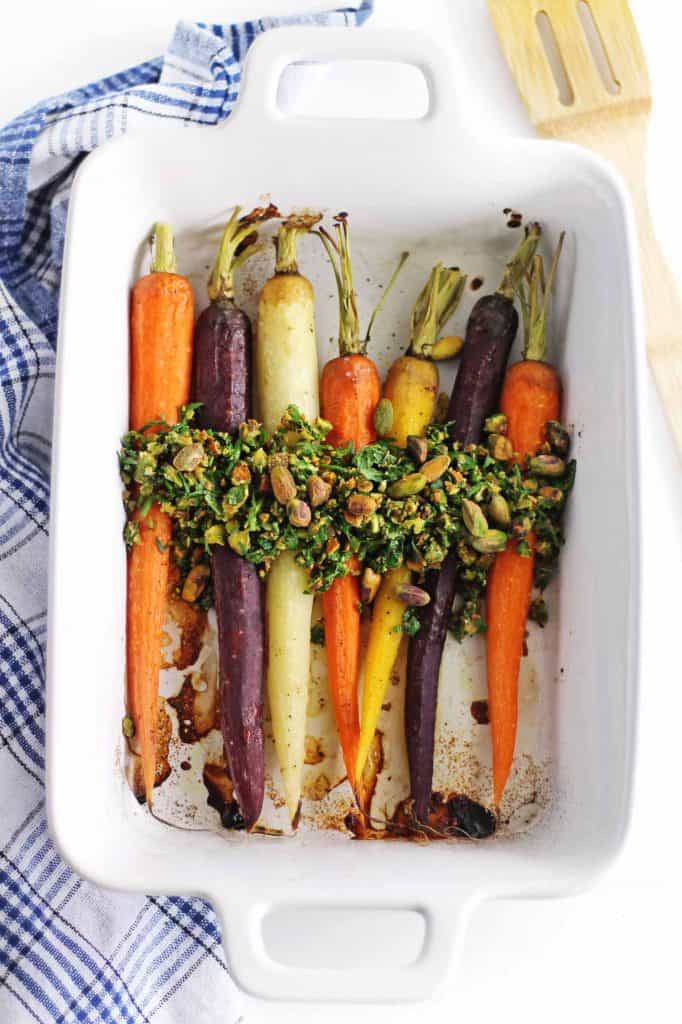 Oven roasted rainbow carrots with pistachio herb relish - Rhubarbarians