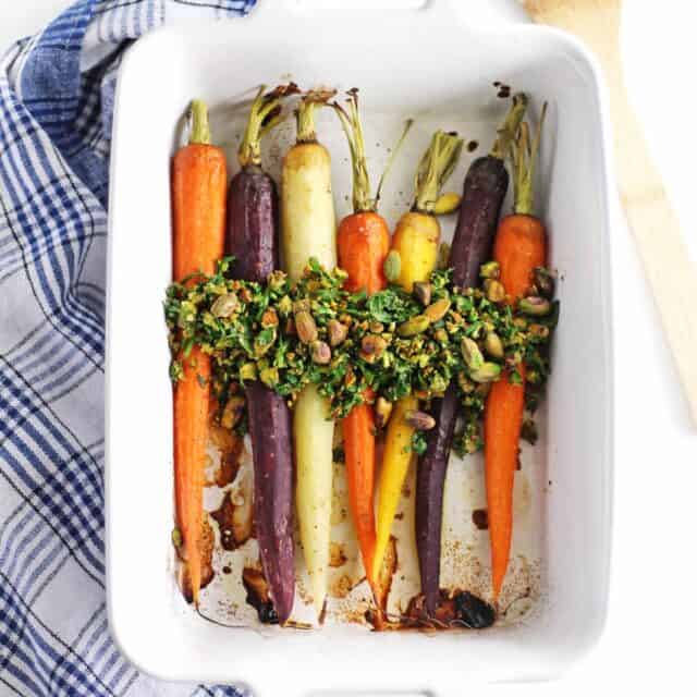 Oven roasted rainbow carrots with pistachio herb relish - Rhubarbarians
