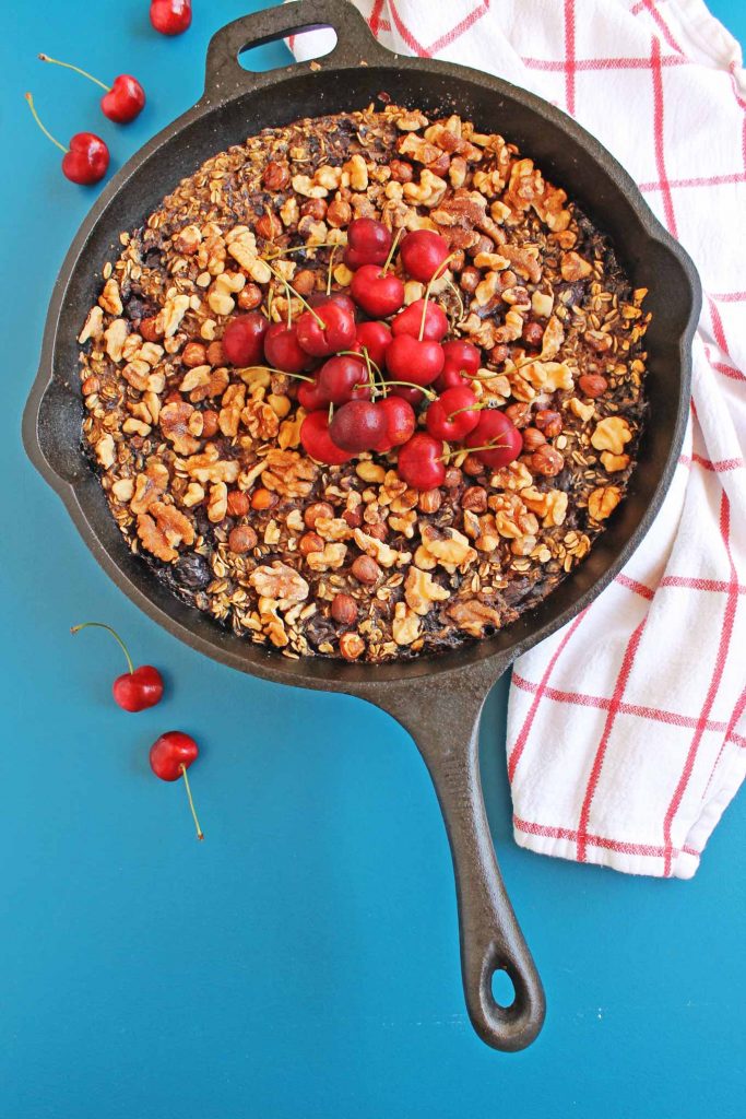 Healthy baked cherry oatmeal with nutty topping - Rhubarbarians