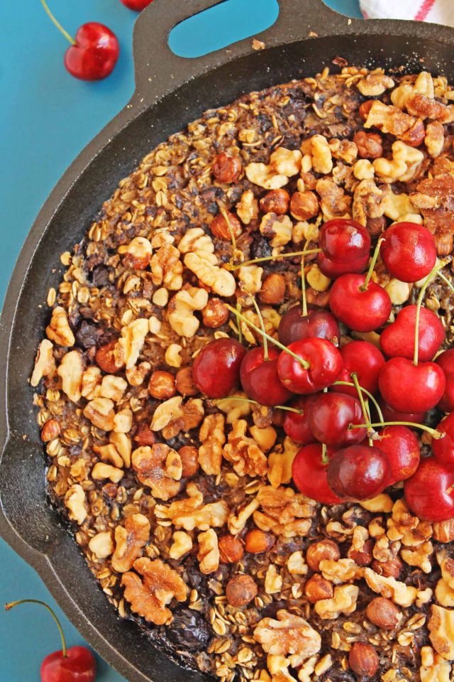 Healthy baked cherry oatmeal with nutty topping - Rhubarbarians