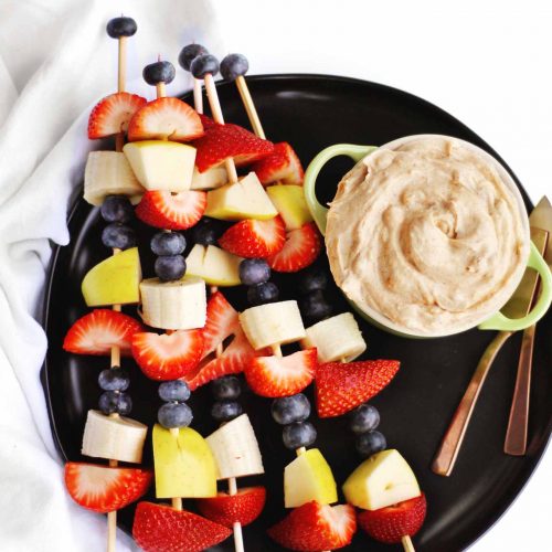 Fun and easy fruit kabobs with yogurt peanut butter dip - Rhubarbarians