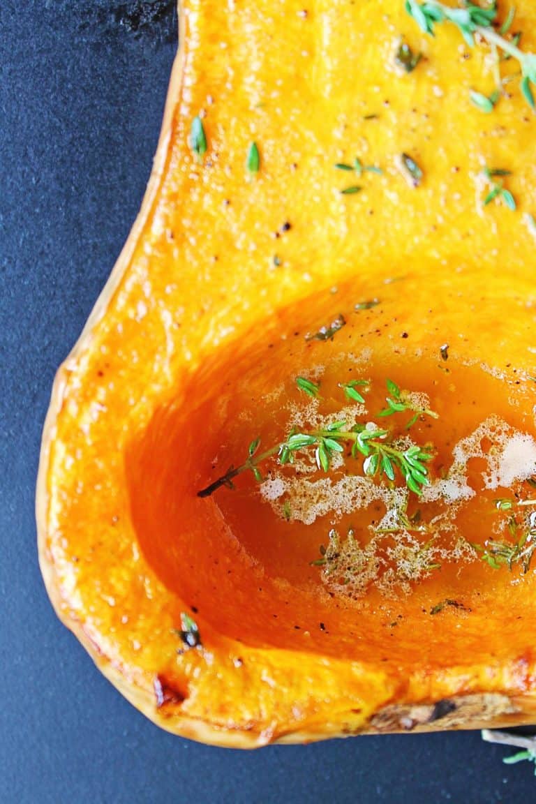 Roasted butternut squash halves with thyme honey butter - Rhubarbarians