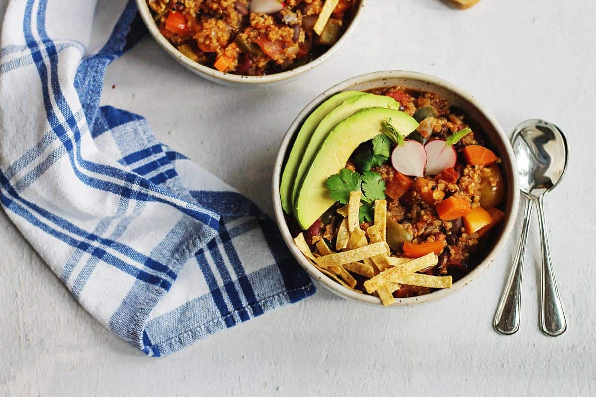 Hearty vegan quinoa chili with beans recipe - Rhubarbarians